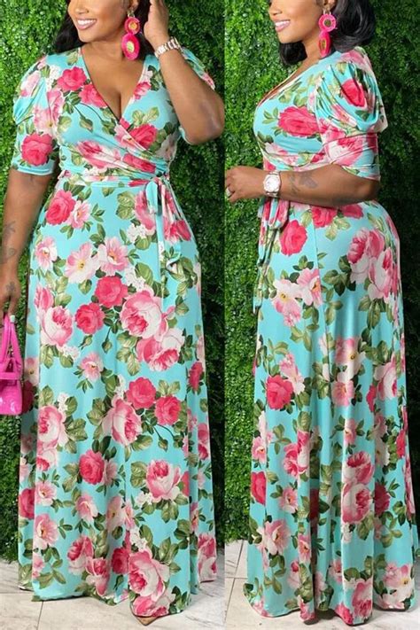 Plus Size Floral Print Lace Up V Neck Maxi Dress Plus Size Dresses