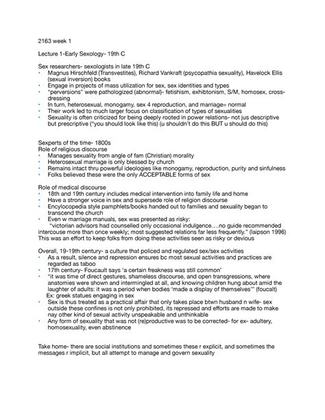 2163 Week 1 Full Lecture Notes 2163 Week 1 Lecture 1 Early Sexology 19th C Sex Researchers