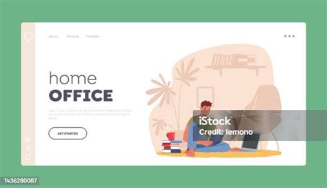 홈 오피스 방문 페이지 템플릿 원격 프리랜서 작업 재택 근무 장소 개념 남자 프리랜서 벡터 일러스트 레이 션 남자 사업가에 대한