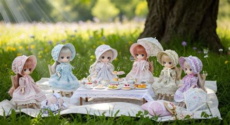 Side View Wide Shot Of Chibi Dolls Having Tea Party Outdoors On Picnic