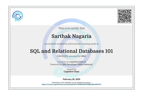 Sql Databases Ibm Cognitiveclass Learning Certification Sarthak Nagaria