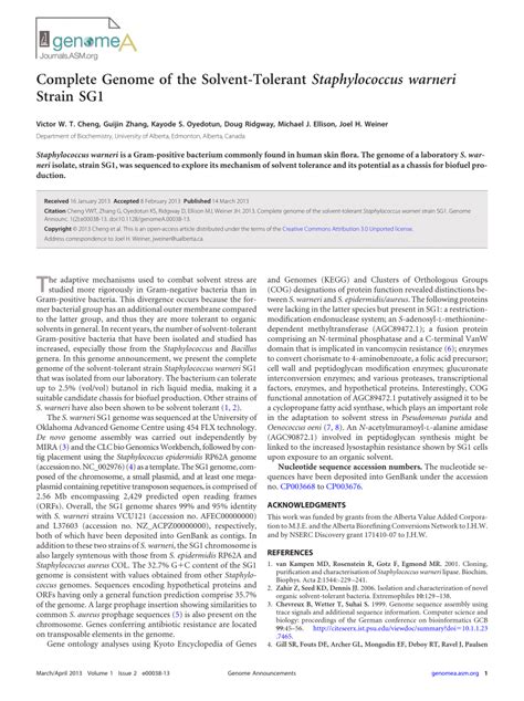 Pdf Complete Genome Of The Solvent Tolerant Staphylococcus Warneri