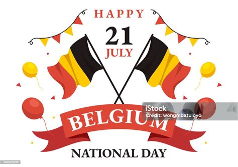 7월 21일 행복한 벨기에 독립기념일 랜딩 페이지 템플릿을 위해 손으로 그린 평면 만화 배경에 깃발 배경을 흔드는 벡터 일러스트레이션 7월에 대한 스톡 벡터 아트 및 기타