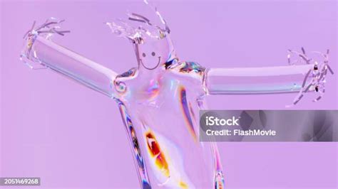 공기 인형 춤의 애니메이션 흰색 배경에 고립 된 재미 있는 만화 캐릭터 닫습니다 미소와 색종이 조각으로 반음계 광택을 축하하는 반사적인 인물 3차원 형태에 대한 스톡 사진