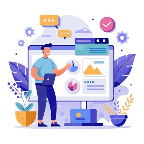 Man Standing Next To A Computer Screen Displaying Charts And Graphs Premium Ai Generated Vector