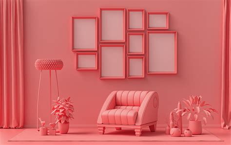 현대적인 인테리어 플랫 라이트 핑크 가구와 식물이있는 분홍빛이 나는 오렌지 색 객실 포스터 프리젠 테이션을위해 벽에 9 프레임의
