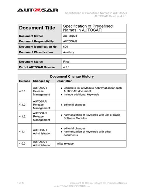 Autosar Tr Predefinednames Pdf Specification Technical Standard Xml