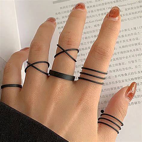 Black Rings Set Fingers Women Minimalist Jewelry Ring Punk 6pcsset