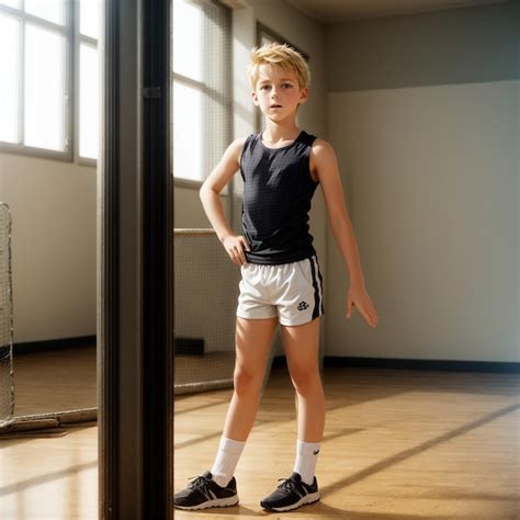Premium Photo A Young Boy Stands In A Gym With His Hands On His Hips