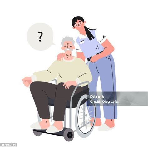 알츠하이머병을 앓고 있는 노인이 치매로 인해 기억력 사고력 행동에 문제가 있어 간호사와 함께 병든 의자에 물음표가 붙어 있습니다 간호사에 대한 스톡 벡터 아트 및 기타
