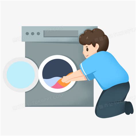 卡通手绘男孩用洗衣机洗衣服免抠PNG图片素材下载 手绘PNG 熊猫办公