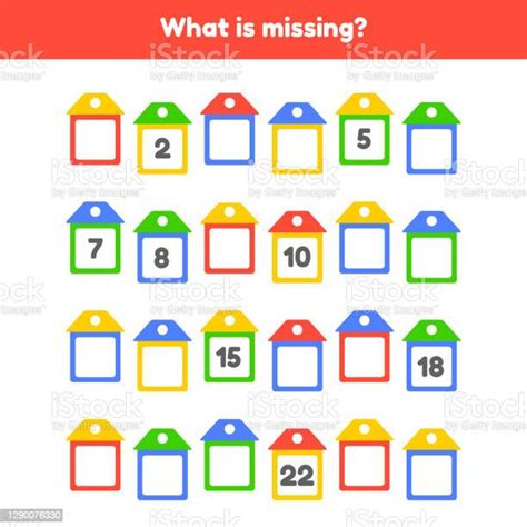 벡터 그림입니다 무엇이 숫자를 놓치고 있는가 유치원 어린이를위한 워크 시트 유치원 및 학령기 연령 색상 하우스 0명에 대한 스톡