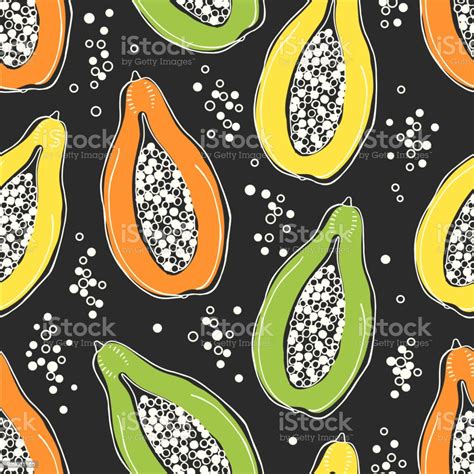 과일의 스케치와 함께 원활한 자연 패턴입니다 검은 배경에 파파야의 녹색 노란색 주황색 벡터 일러스트 열 대 음식 0명에 대한 스톡 벡터 아트 및 기타 이미지 Istock