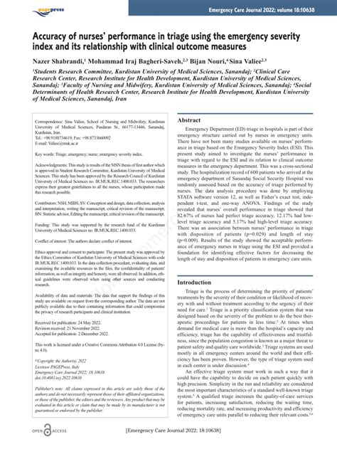 Pdf Accuracy Of Nurses Performance In Triage Using The Emergency Severity Index And Its