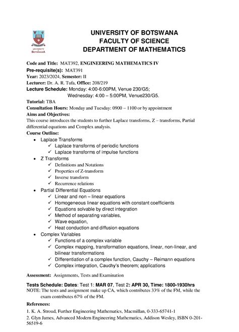 Course Outline Nnn University Of Botswana Faculty Of Science Department Of Mathematics Code
