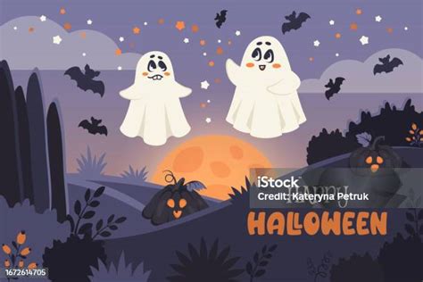 해피 할로윈 배너 인사말 카드 포스터 만화 캐릭터 및 할로윈 요소가 포함된 초대장 귀여운 유령 밤 풍경 호박 박쥐의 실루엣 달 벡터 그림 가을에 대한 스톡 벡터 아트 및