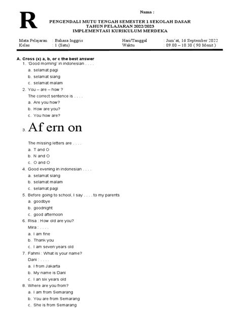 Soal B Inggris Semester 1 Pts Kelas 1 2022 2023 Pdf Languages Of