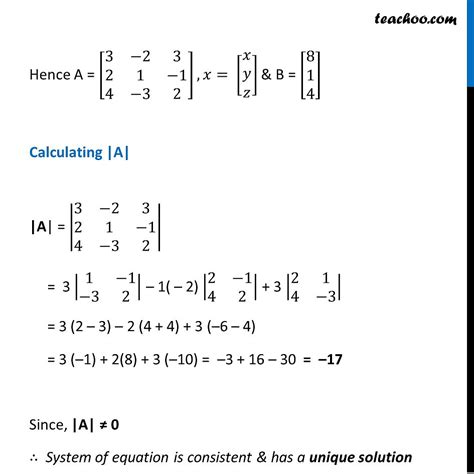 Example 17 Solve By Matrix Method 3x 2y 3z 8 2x Y Z 1 Examples