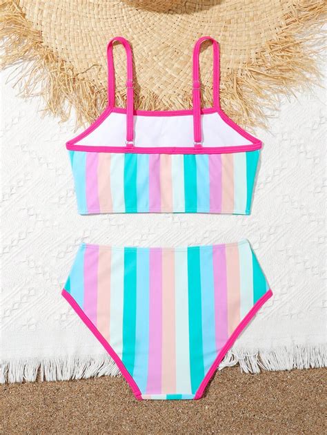 2 Piece Multi Colour Striped Printed Bathing Suit Set For Tween Girls Casual Holiday Style