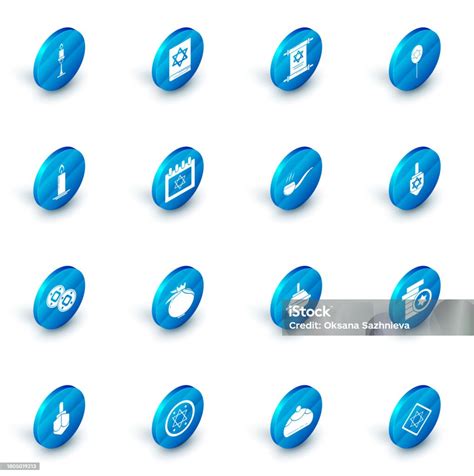 세트 유대인 토라 책 토라 두루마리 다윗의 별과 리본이 달린 풍선 촛대 동전 달력 하누카 Dreidel 및 흡연 파이프 연기 아이콘에 불타는 촛불 벡터 0명에 대한 스톡