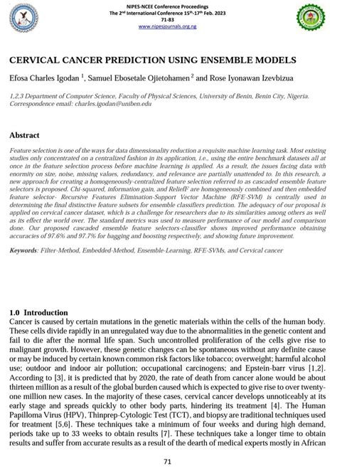 Pdf Cervical Cancer Prediction Using Ensemble Models