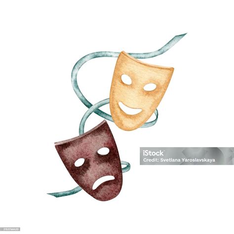 연극 배우 희극과 비극 감정 가면 손으로 그린 수채화 그림은 흰색 배경에 고립되어 있습니다 빈티지 뮤지컬 프로그램 로고 티켓 디자인 빈티지 전단지 포스터 및 카드용