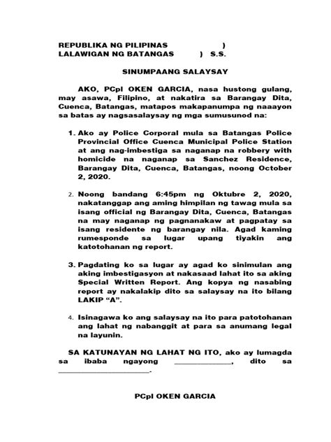 Sinumpaang Salaysay Police Investigator Pdf