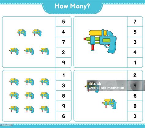 카운팅 게임 얼마나 많은 워터 건 교육 어린이 게임 인쇄 가능한 워크 시트 벡터 일러스트 레이 션 0명에 대한 스톡 벡터 아트 및 기타 이미지 Istock