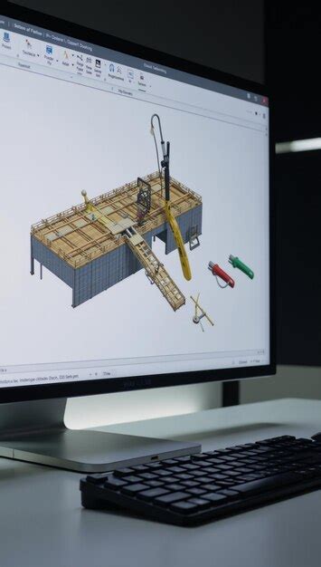 Closeup View Of Cad Drawing On Large Monitor Showcasing Detailed Construction Plan And Toolset