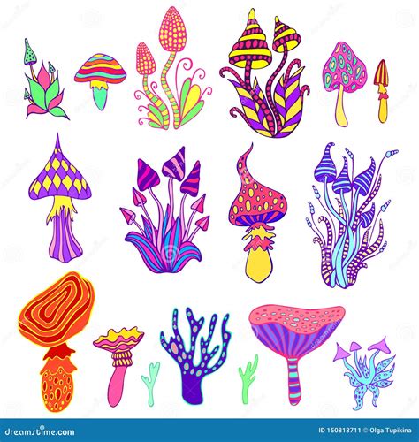Big Set Psychedelic Artistic Abstract Trippy Mushrooms White Background Colorful