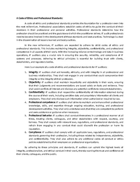 Cis A Code Of Ethics And Professional Standards A Code Of Ethics And