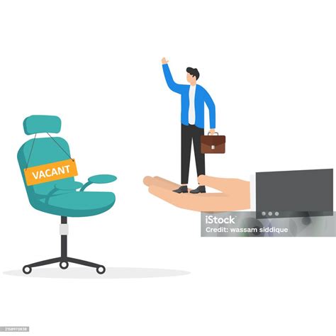 Hr 상담원의 손은 신입 사원 직원 검색 채용을 실시 하 고 있습니다 간판이 있는 대형 사무실 의자 비어 있습니다 입사 지원자 고용 채용 절차 평면 벡터 그림 객실 있음에