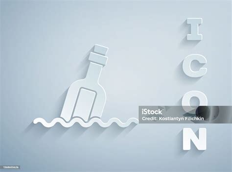 회색 배경에 격리 된 물 아이콘에 메시지와 함께 종이 잘라 유리 병 병에 담긴 편지 해적 기호 종이 아트 스타일 벡터 공중에 대한 스톡 벡터 아트 및 기타 이미지 Istock
