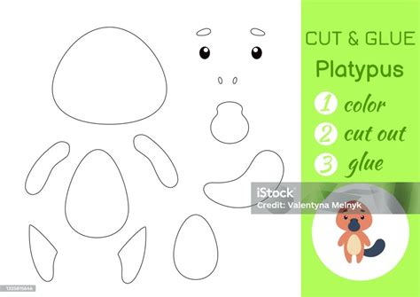 색상 잘라 접착제 종이 작은 오리너구리 공예 활동 페이지를 잘라 붙여 넣기 유치원 어린이를위한 교육 게임 Diy 워크 시트 아이 로직 게임 퍼즐 벡터 스톡