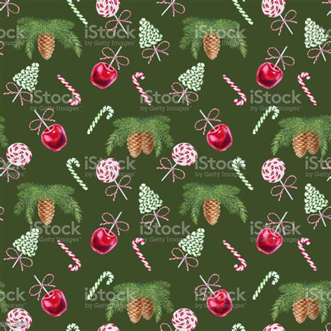 크리스마스 전통 과자 원활한 수채화 패턴 콘이있는 침엽수 림 가지와 축제 새해는 종이를 포장하고 직물에 인쇄하기위한 끝없는 배경을 대접합니다 겨울에 대한 스톡 벡터 아트 및