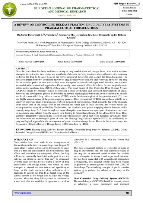PDF A REVIEW ON CONTROLLED RELEASE FLOATING DRUG DELIVERY SYSTEMS IN PHARMACEUTICAL FORMULATIONS