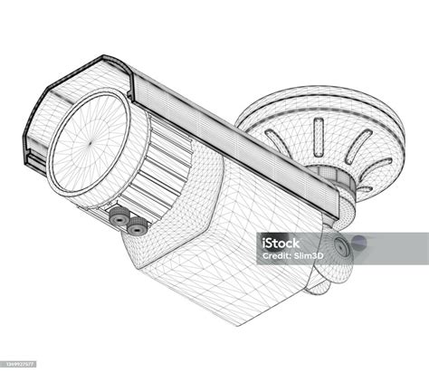 흰색 배경에 격리 된 검은 색 라인에서 와이어 프레임 Cctv 카메라 하단 뷰입니다 3d 벡터 일러스트레이션 3차원 형태에 대한 스톡 벡터 아트 및 기타 이미지 Istock