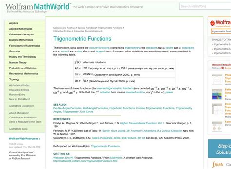 Wolfram Math World Trigonometric Functions Handout For 9th 10th Grade Lesson Planet