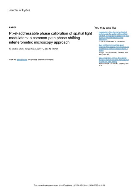 Pdf Pixel Addressable Phase Calibration Of Spatial Light Modulators A Common Path Phase