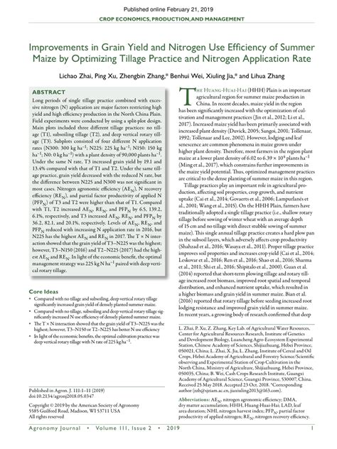 Pdf Improvements In Grain Yield And Nitrogen Use Efficiency Of Summer Maize By Optimizing