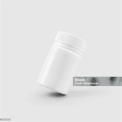 디자인 프리젠 테이션을위한 비타민 알약 크림 화장품 플라스틱 용기를 광고하기위한 흰색 광택 항아리의 모형 상자에 대한 스톡 사진