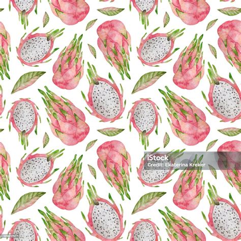 핑크 드래곤 과일과 수채화 원활한 패턴 커버 어린이 직물 포장 여름 장식을위한 슬라이스 및 전체 피타야와 배경 건강한 식생활에 대한 스톡 벡터 아트 및 기타 이미지 Istock