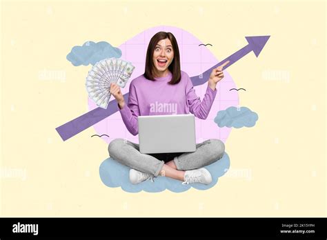 Creative Collage Photo 3d Poster Postcard Of Happy Girl Sit Netbook Cash Career Promotion Hand