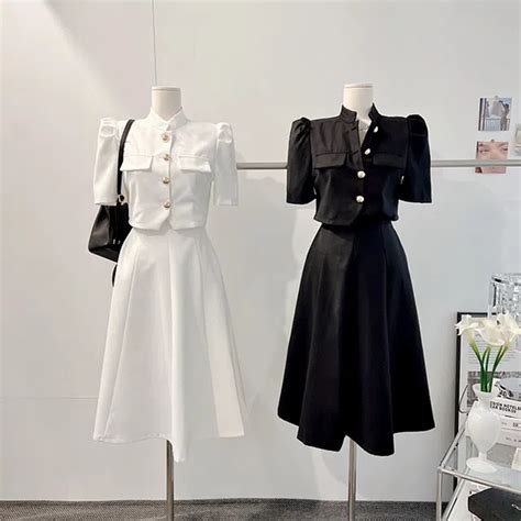 자켓스커트set페미닌 여름 금장 버튼 벌룬 퍼프 크롭 반팔 자켓 A라인 플레어 롱 스커트 투피스 세트 2color 이프유마인