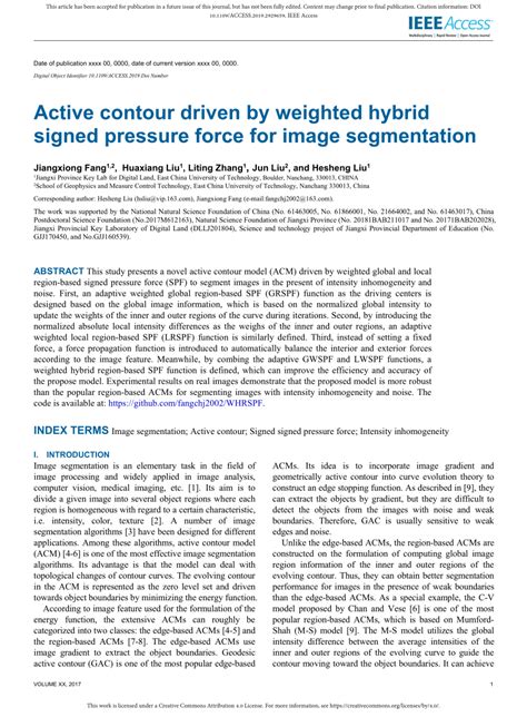 Pdf Active Contour Driven By Weighted Hybrid Signed Pressure Force For Image Segmentation