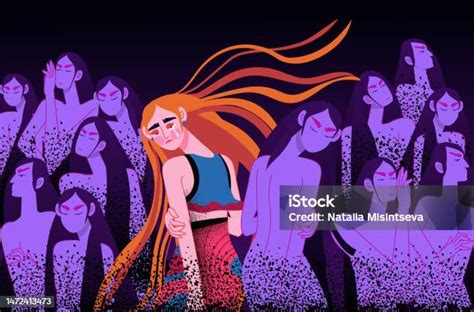 여자 공황 발작 괴롭힘과 외로움 무관심 소녀 위기 심리적 장애 불안한 사람 비난하는 군중 사회적 추방자 우울한 여성 벡터 만화