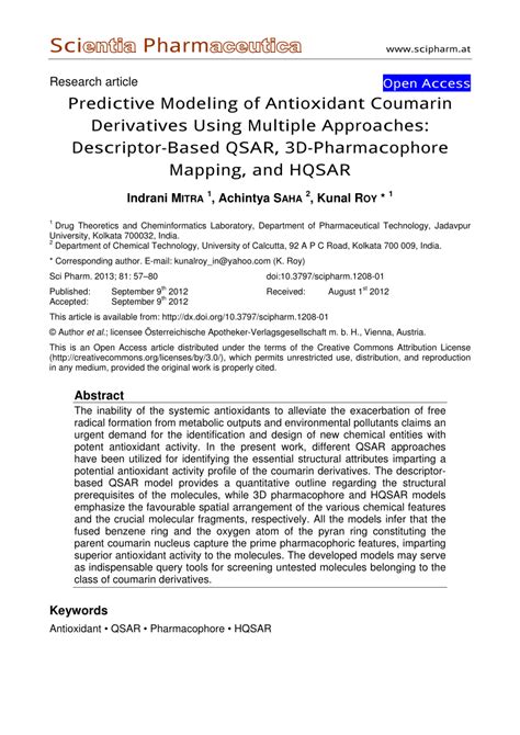 Pdf Predictive Modeling Of Antioxidant Coumarin Derivatives Using Multiple Approaches