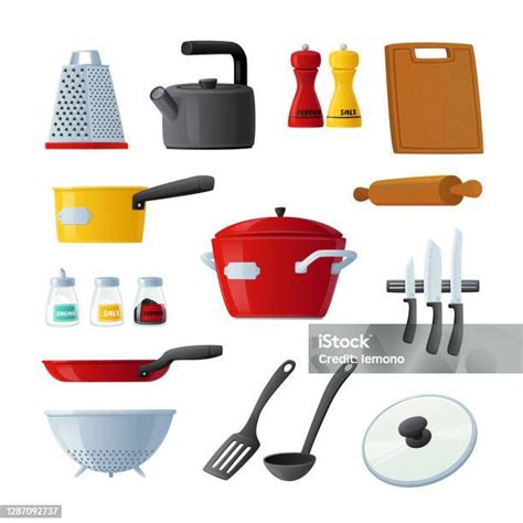 아이콘 주방용품 및 기구 요리 팬 터너 롤링 핀 및 도마 주전자 칼 강판 세트 팬 주방용구에 대한 스톡 벡터 아트 및 기타