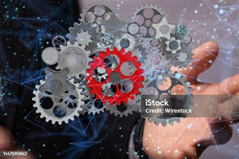 3d Rendering Of Floating Gears In A Mans Hand With Connecting Lines And