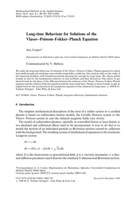 Pdf Long Time Behaviour For Solutions Of The Vlasov Poisson Fokker Planck Equation